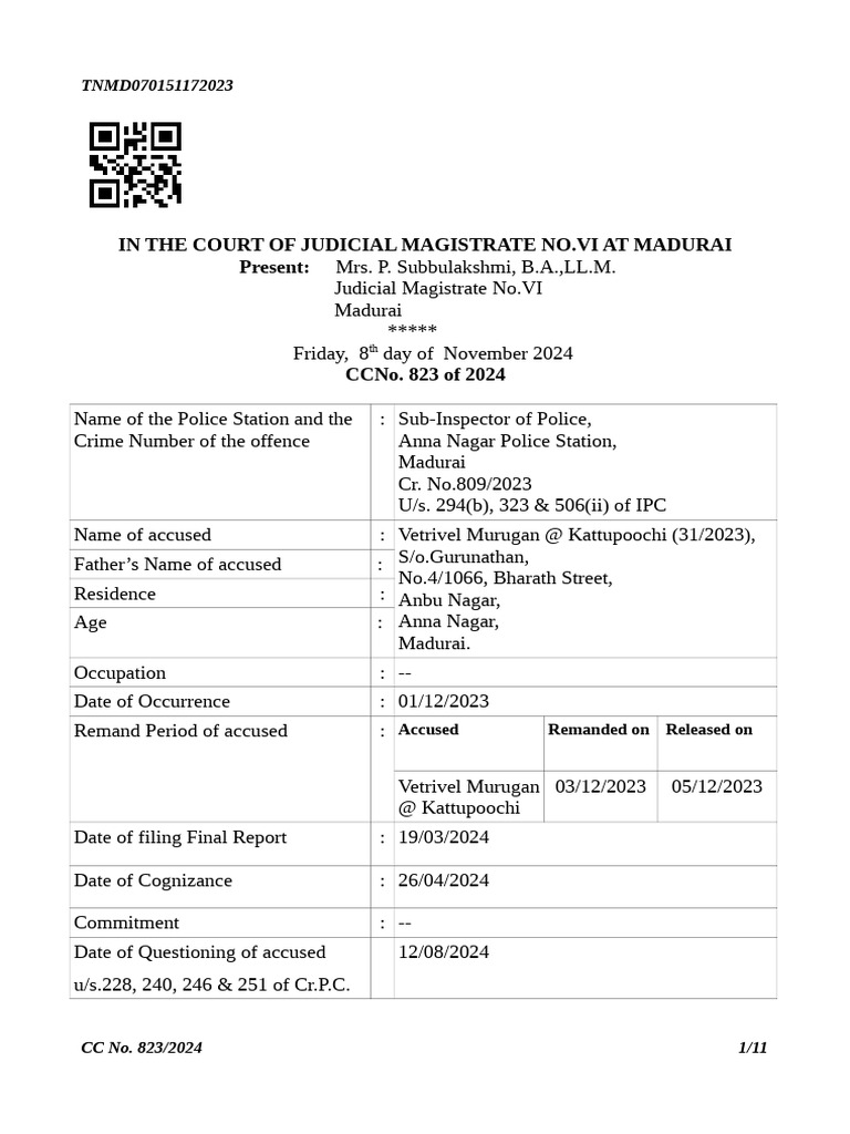 வெற்றி CC 823 - 2024 | PDF | Prosecutor | Acquittal