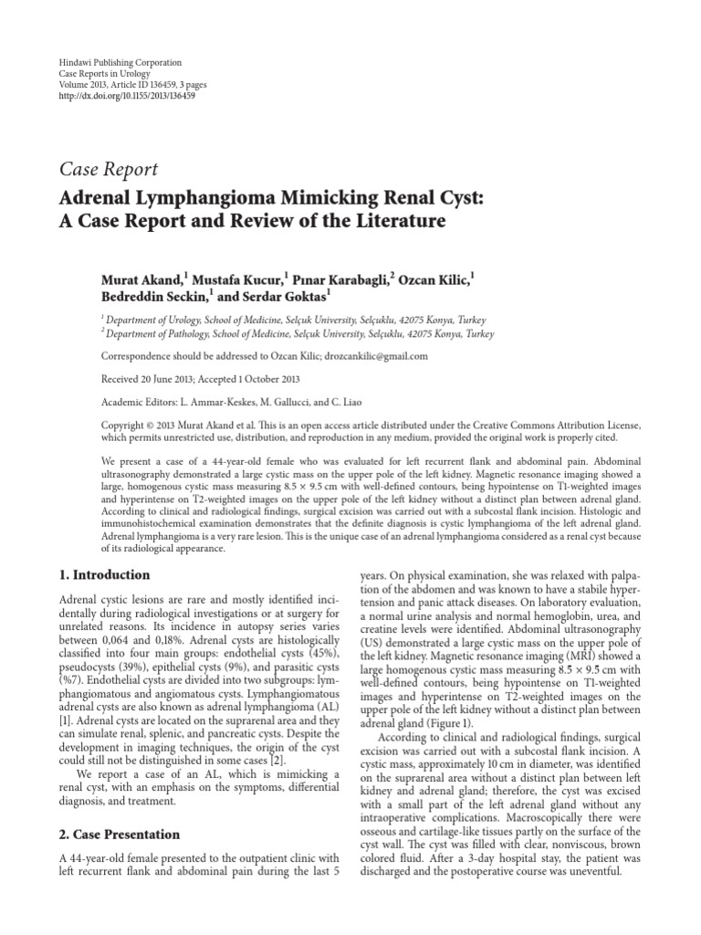 Adrenal Lymphangioma Mimicking Renal Cyst: A Case Report and Review of the Literature | PDF ...