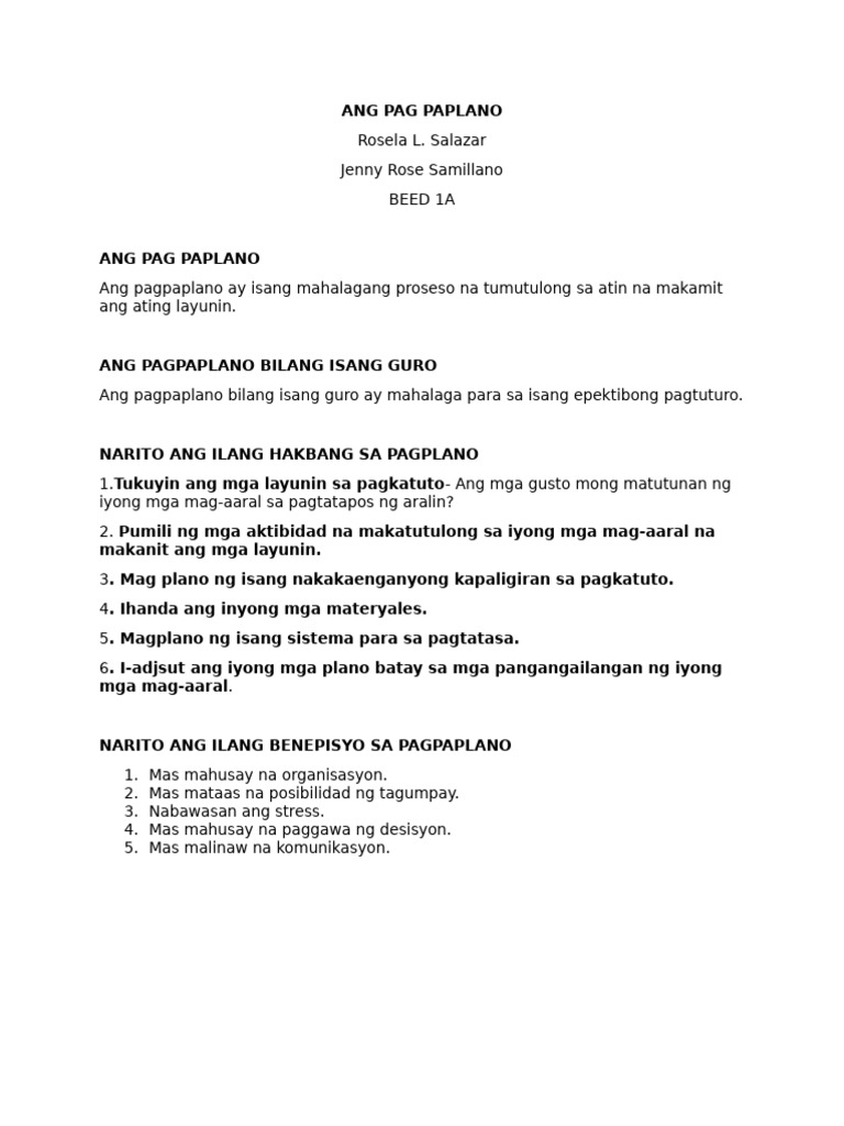 Ang Pag Paplano | PDF