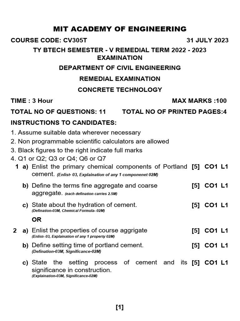 TY-Btech - CV - Concrete Technology - SEM - V - JUN 2023 | PDF | Concrete | Cement