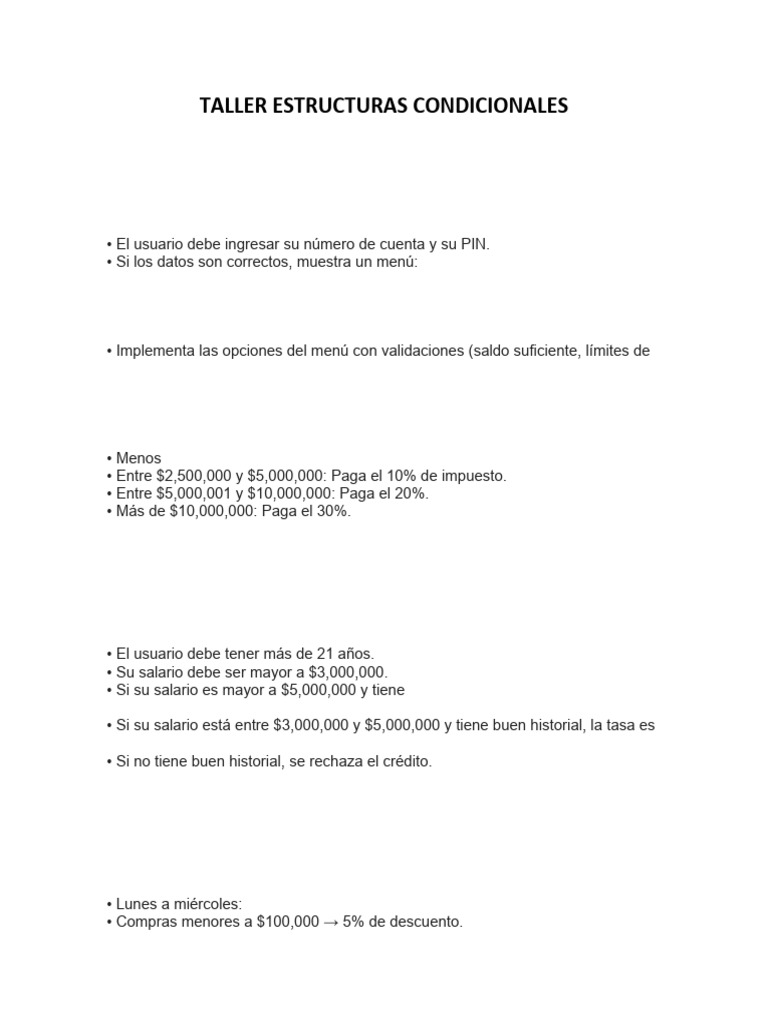 TALLER ESTRUCTURAS CONDICIONALES | PDF