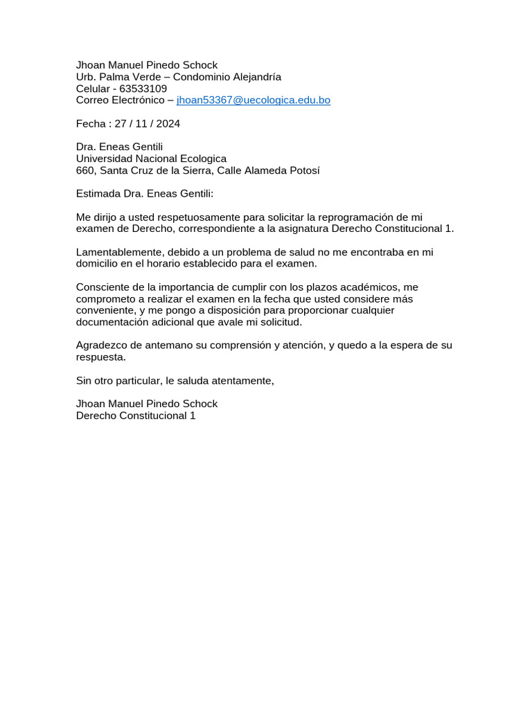 Carta de Solicitud de Reprogramacion | PDF