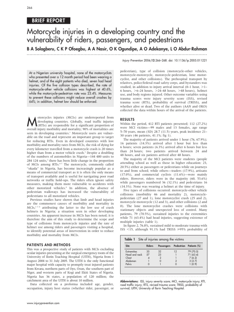 Motorcycle Injuries in A Developing Country and The | PDF | Traffic ...