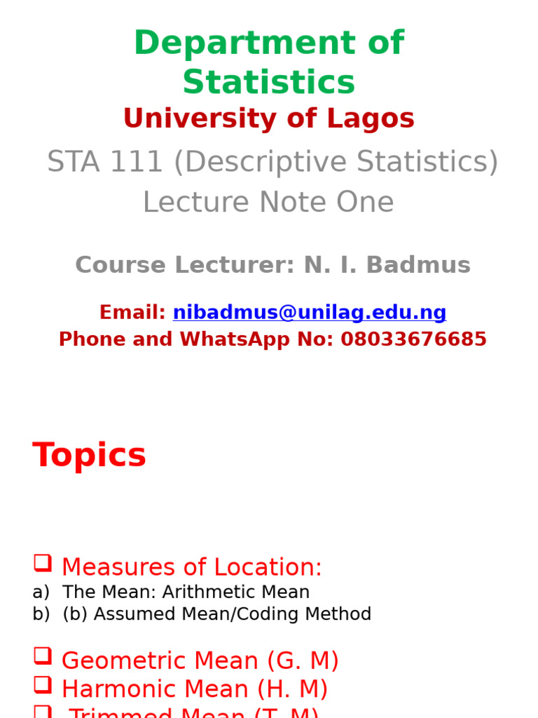 STA 111 Lecture Note 1 | PDF | Mean | Arithmetic Mean