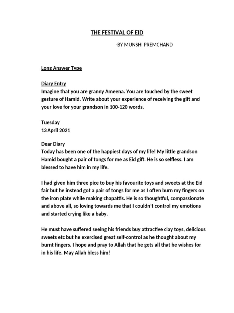 THE FESTIVAL OF EID - Diary Entry | PDF