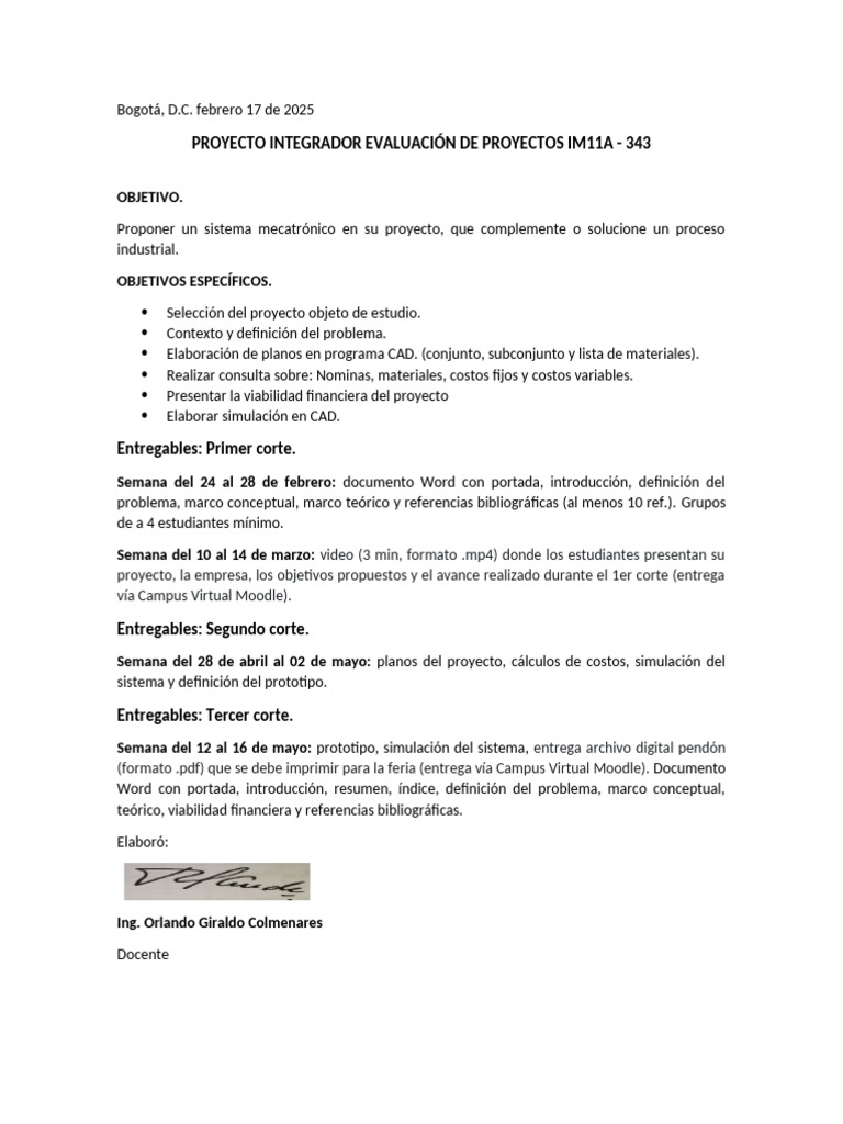 Condiciones Proyecto Integrador Evaluación de Proyectos Im11a - 343 | PDF