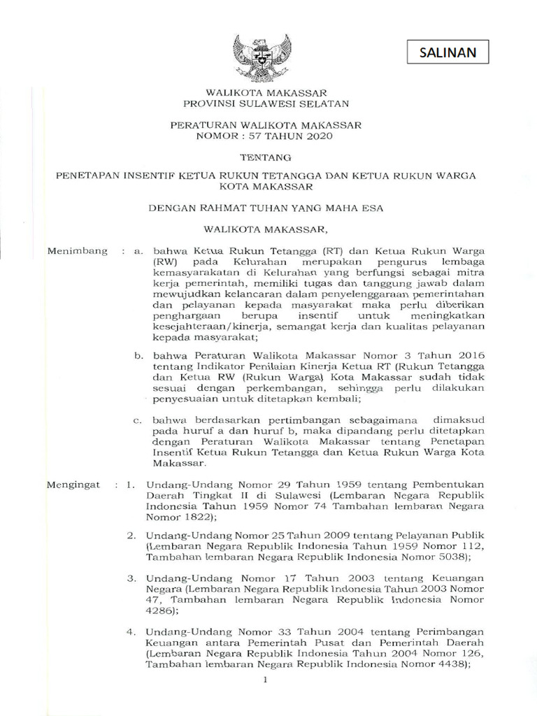 Perwali Makassar Insentif RT RW | PDF