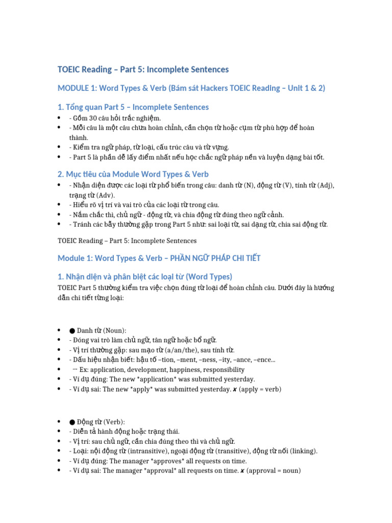 TOEIC Reading Part5 Module1 Complete WithFullGrammar | PDF
