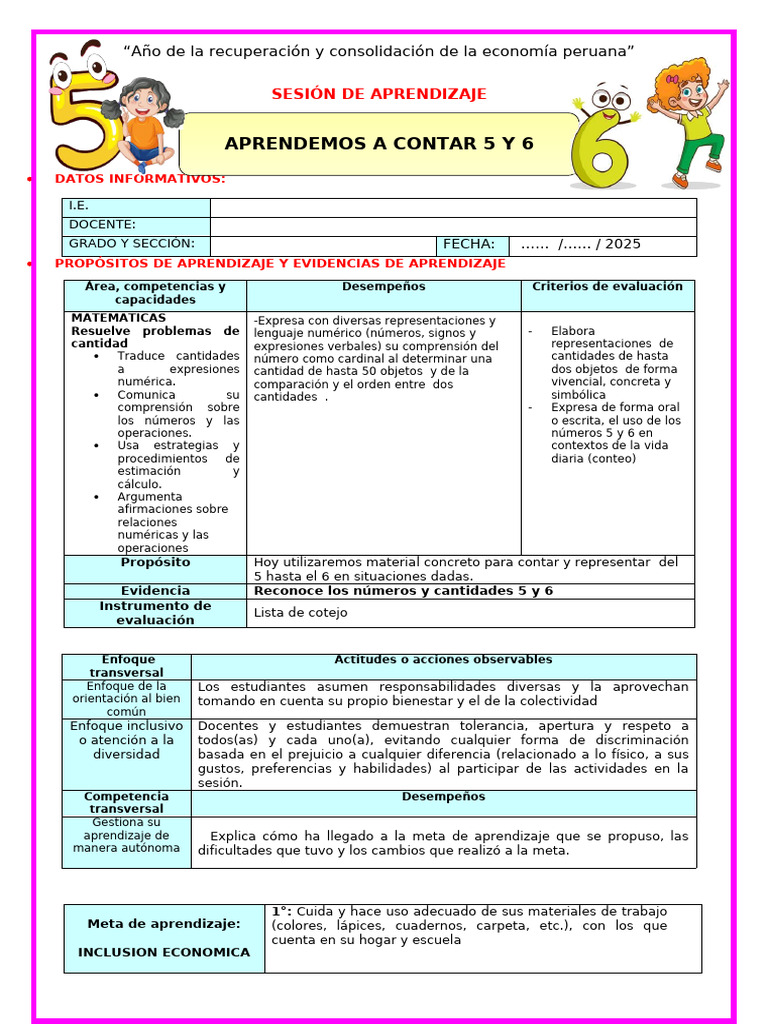 1º Adicional Sesion Mat Aprendemos A Contar 5 y 6 | PDF | Evaluación | Aprendizaje