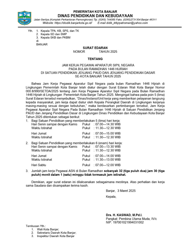 Surat Edaran - Jam Kerja Ramadhan 2025 | PDF