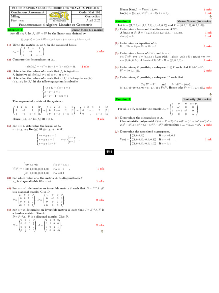 CorrigeCcAlgebreMEng1_2024-25 | PDF | Eigenvalues And Eigenvectors | Mathematical Concepts