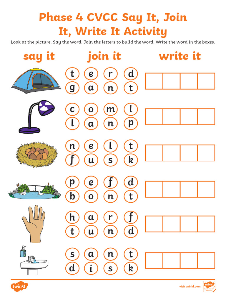 T e 2552908 Phase 4 CVCC Words Say It Join It Write It Activity - Ver - 2 | PDF