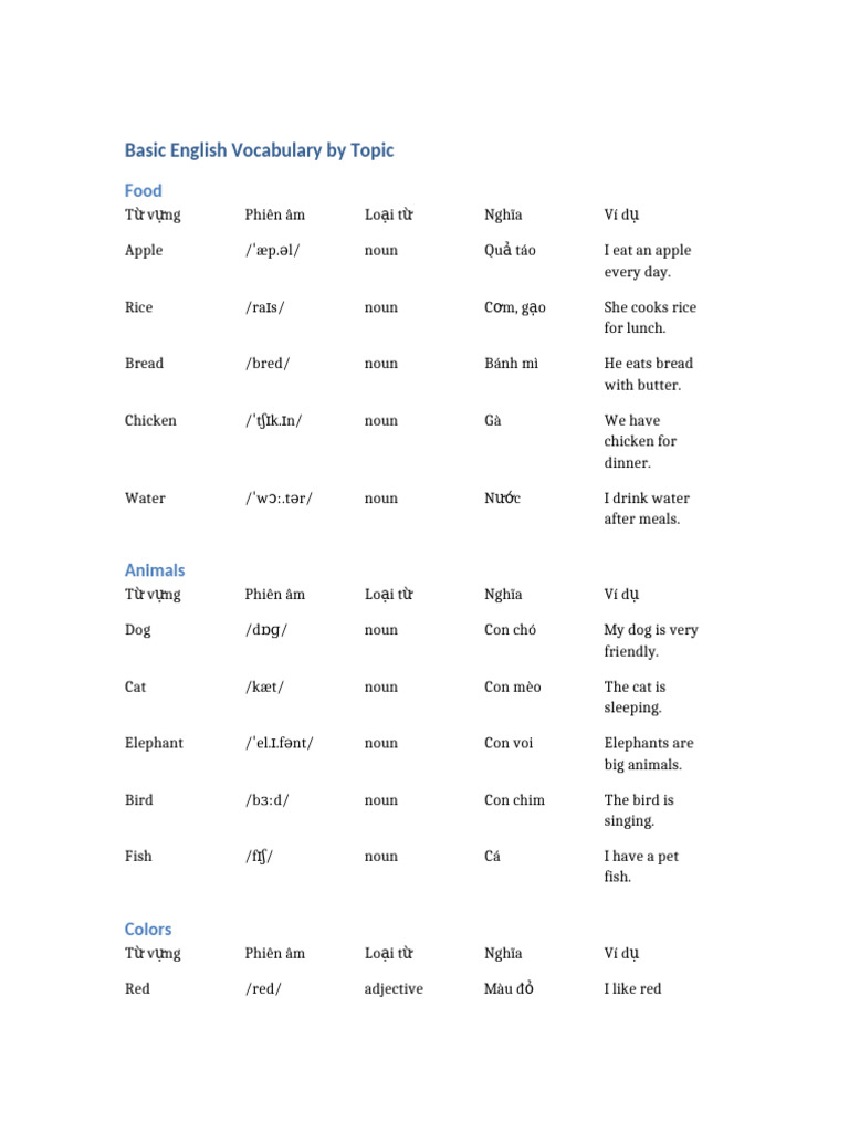 Basic English Vocabulary by Topic | PDF