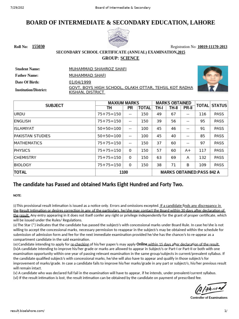 Board of Intermediate Secondary Education Lahore | PDF