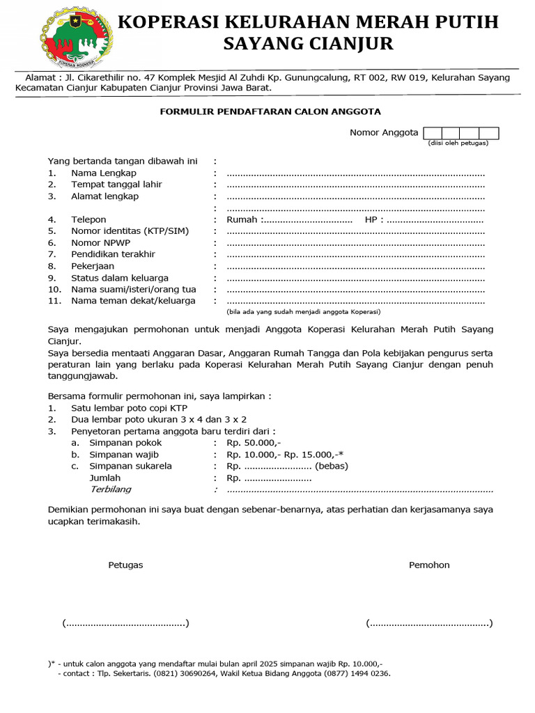 Formulir Pendaftaran Anggota Koperasi | PDF