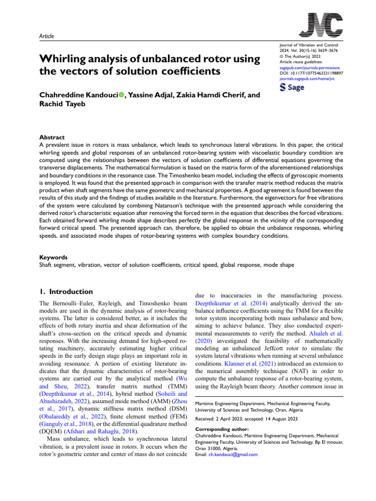 Whirling Analysis of Unbalanced Rotor Using The Ve | PDF | Beam (Structure) | Bending
