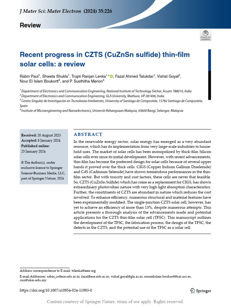 Advances in CZTS Thin-Film Solar Cells | PDF | Thin Film Solar Cell ...