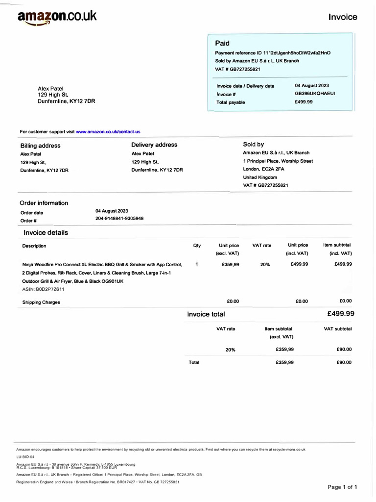 Ninja BBQ Grill Order Invoice | PDF | Invoice | Value Added Tax
