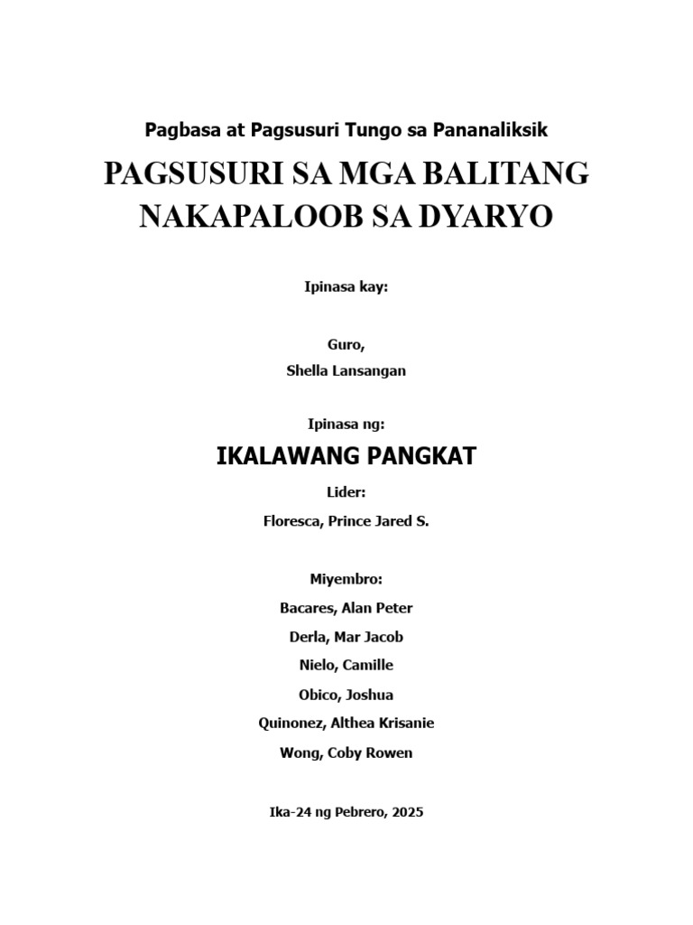 Pagsusuri Sa Mga Balitang Nakapaloob Sa Dyaryo | PDF