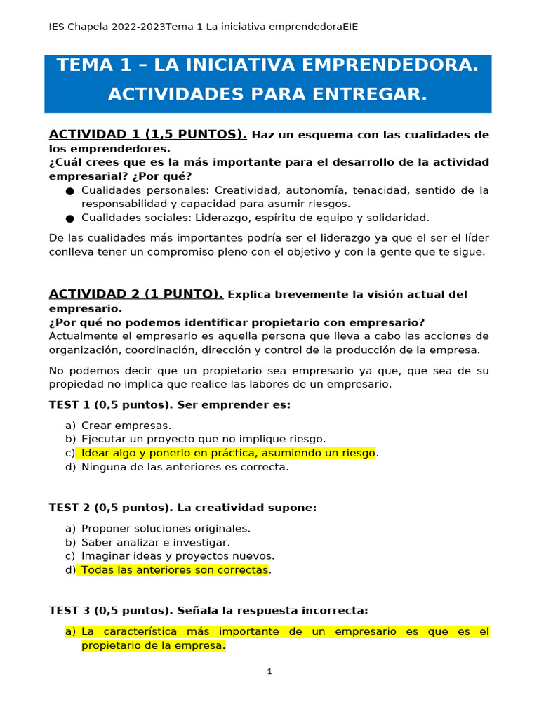 EIE Tema 1 La Iniciativa Emprendedora - Actividades para Entregar | PDF | Business | Iniciativa ...