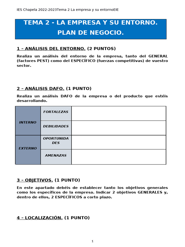 EIE Tema 2 La Empresa y Su Entorno - Plan de Negocio | PDF | Análisis FODA | Business