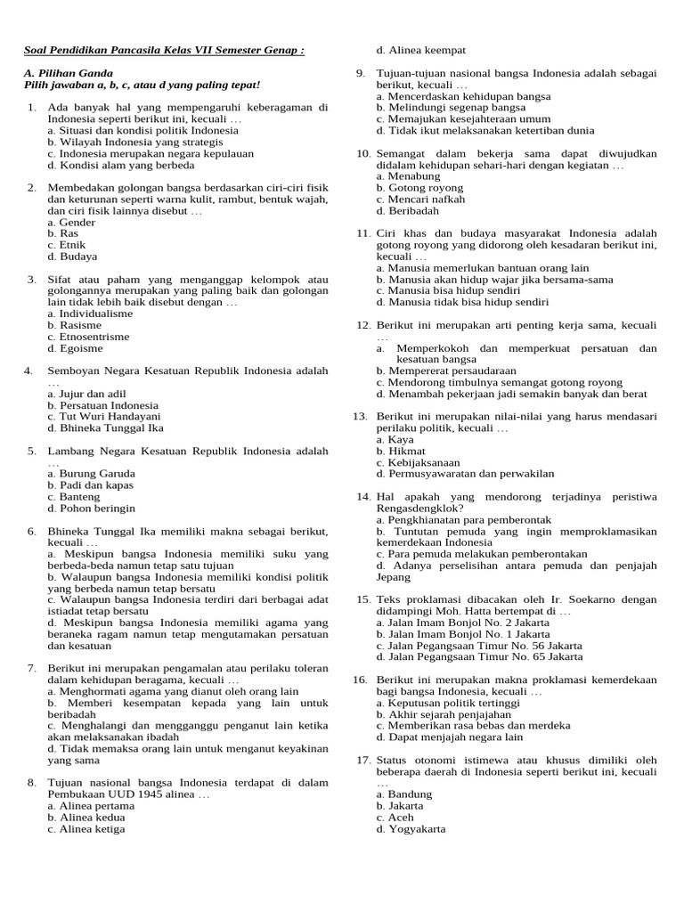 Soal Pendidikan Pancasila Kelas VII Semester Genap | PDF