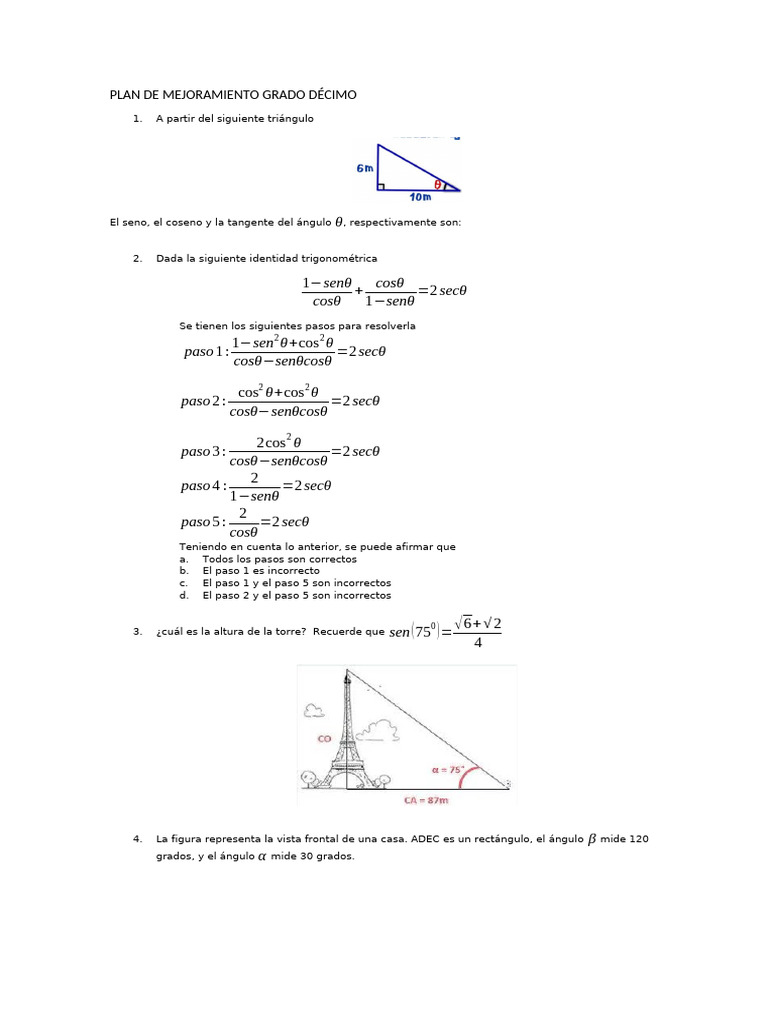 Plan de Mejoramiento Grado Décimo | PDF | Funciones trigonométricas | Triángulo