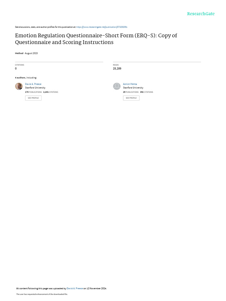 ERQ-S Questionnaire and Scoring Instructions 2024 11 | PDF | Emotional ...