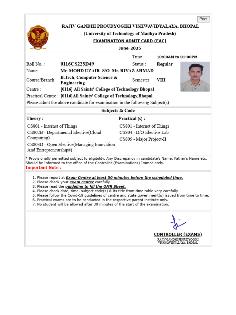 Admit Card 8th Semester Mohd Uzair | PDF