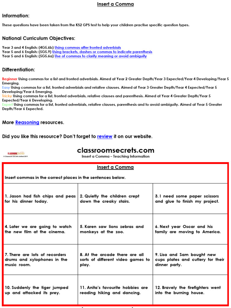 6645 Insert A Comma KS2 GPS | PDF | Bracket