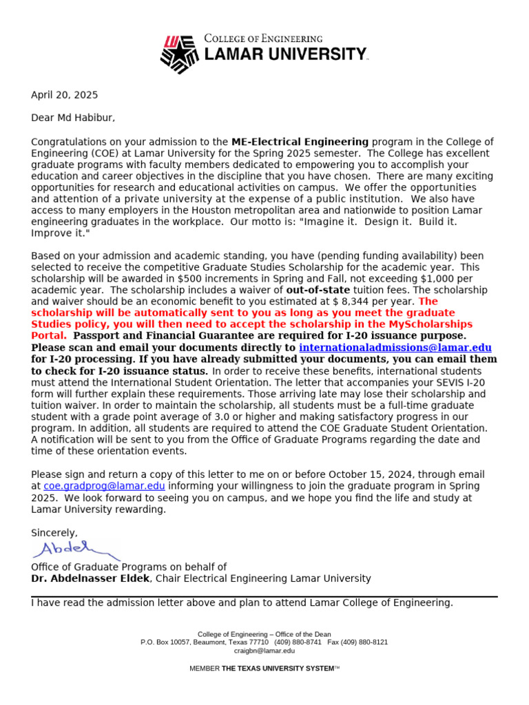 Admission Form Letter With Instate and Scholarship Spring 2025 | PDF
