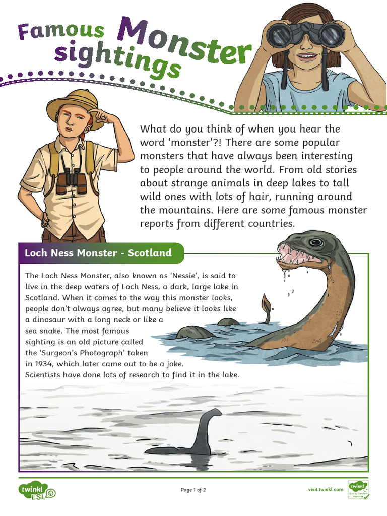 T 1726424834 Esl Famous Monster Sightings Reading Comprehension Kids A2 ...