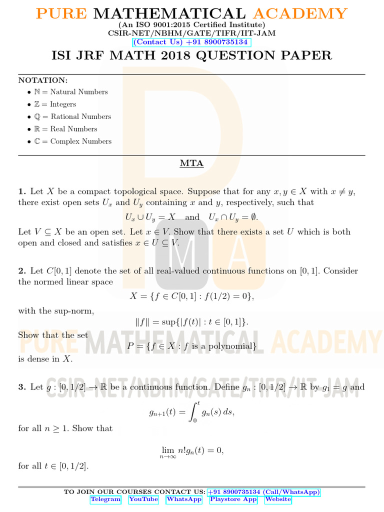 ISI JRF 2018 - Pure Mathematical Academy | PDF | Continuous Function ...