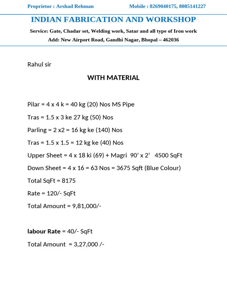 Workshop Labour Rates for Fabrication | PDF