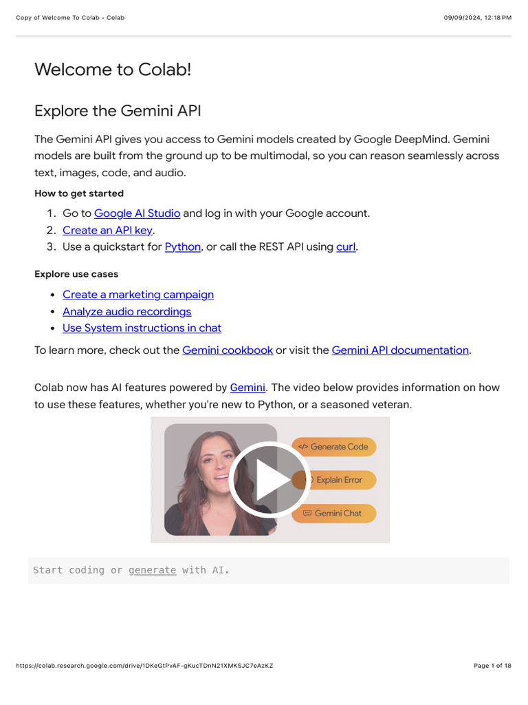 Welcome To Colab!: Explore The Gemini API | PDF | Mean Squared Error ...