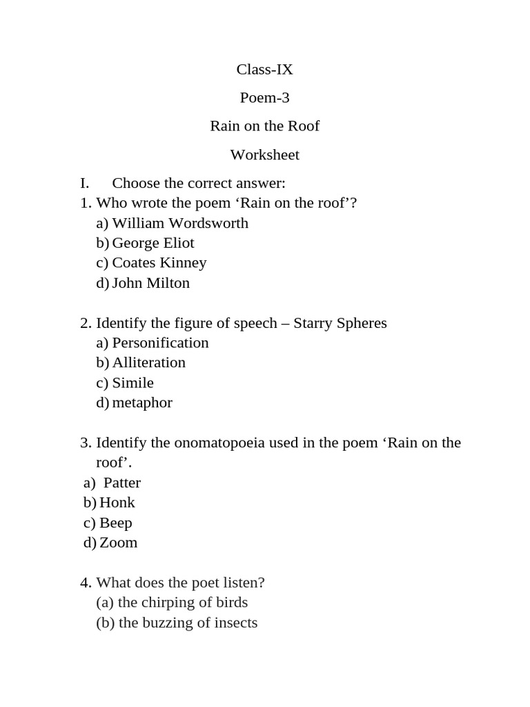 Class 9 - Rain On The Roof (Worksheet) | PDF