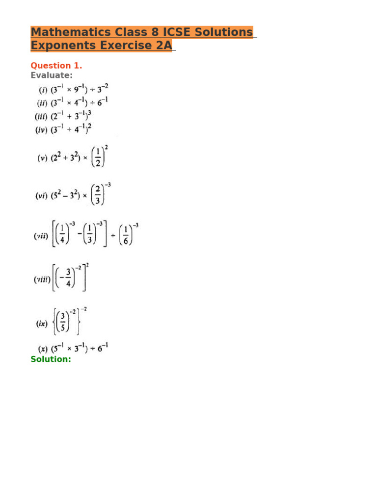 Class 8 ICSE Exponents Worksheet Solutions | PDF