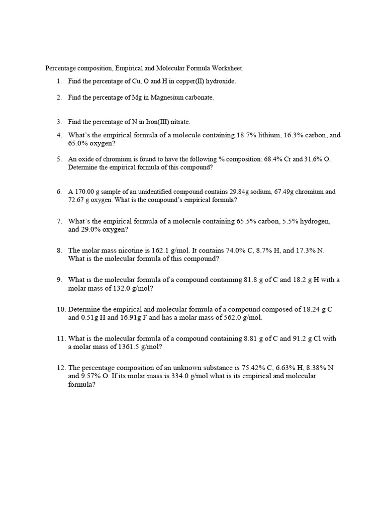Empirical and Molecular Formula Worksheet 2 | PDF