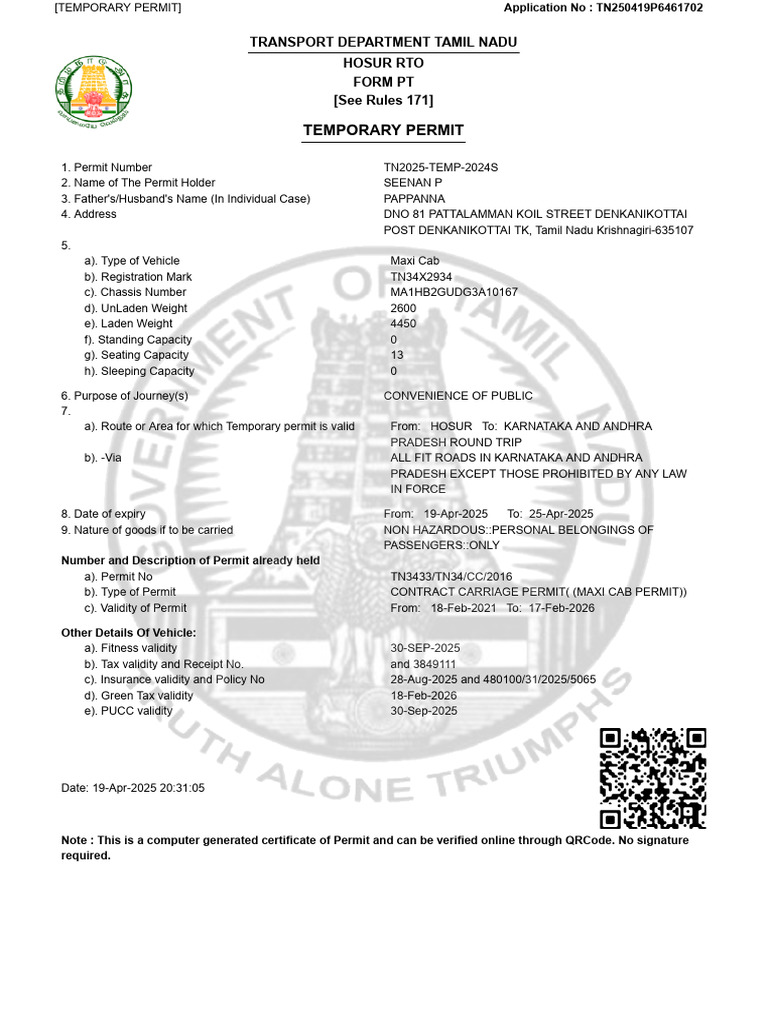 TN34X2934 TP Upto 25-04-2025 | PDF | Land Transport | Transport