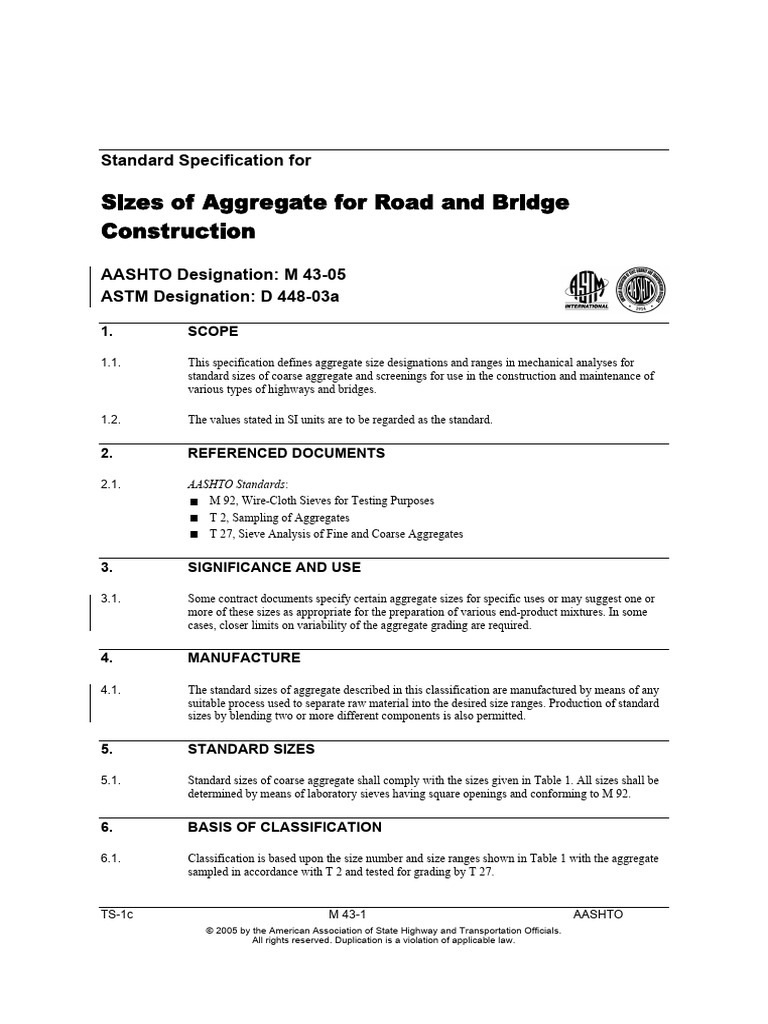 AASHTO Designation M 43-05 - Sizes of Aggregate For Road and Bridges | PDF