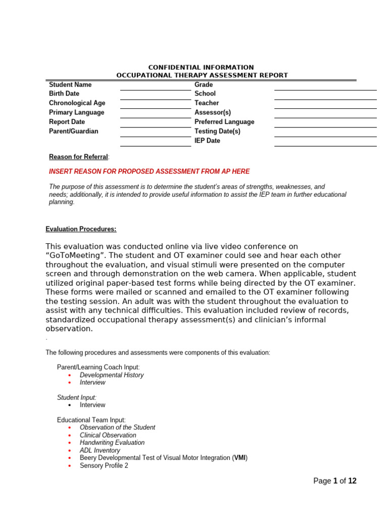 Occupational Therapy Assessment Report | PDF | Hand | Individualized ...