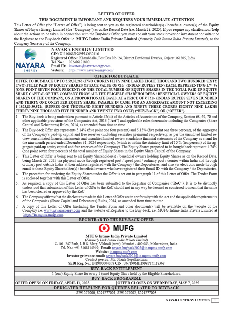 Nayara Energy Buyback Offer 2025 | PDF | Stocks | Securities (Finance)