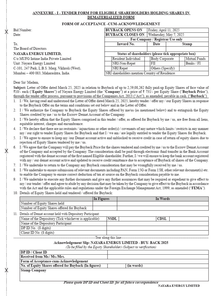 Annexure I Tender Form For Demat Shares 1 | PDF | Share Repurchase ...