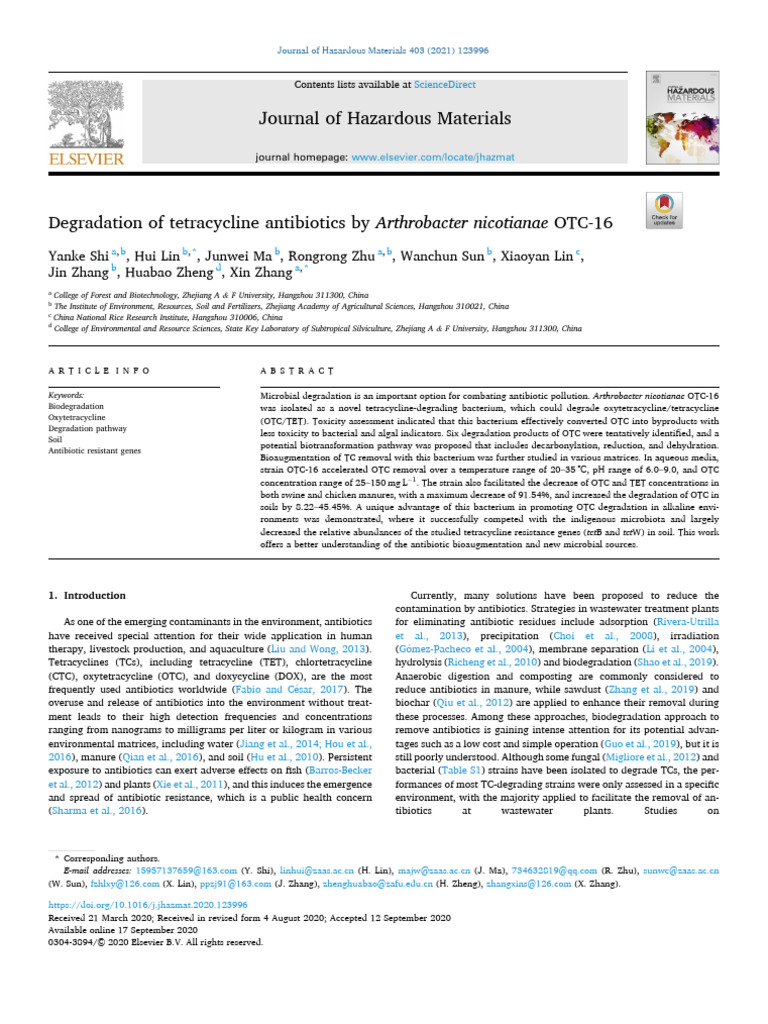 Tetracycline Degradation by Arthrobacter OTC-16 | PDF | Biodegradation ...