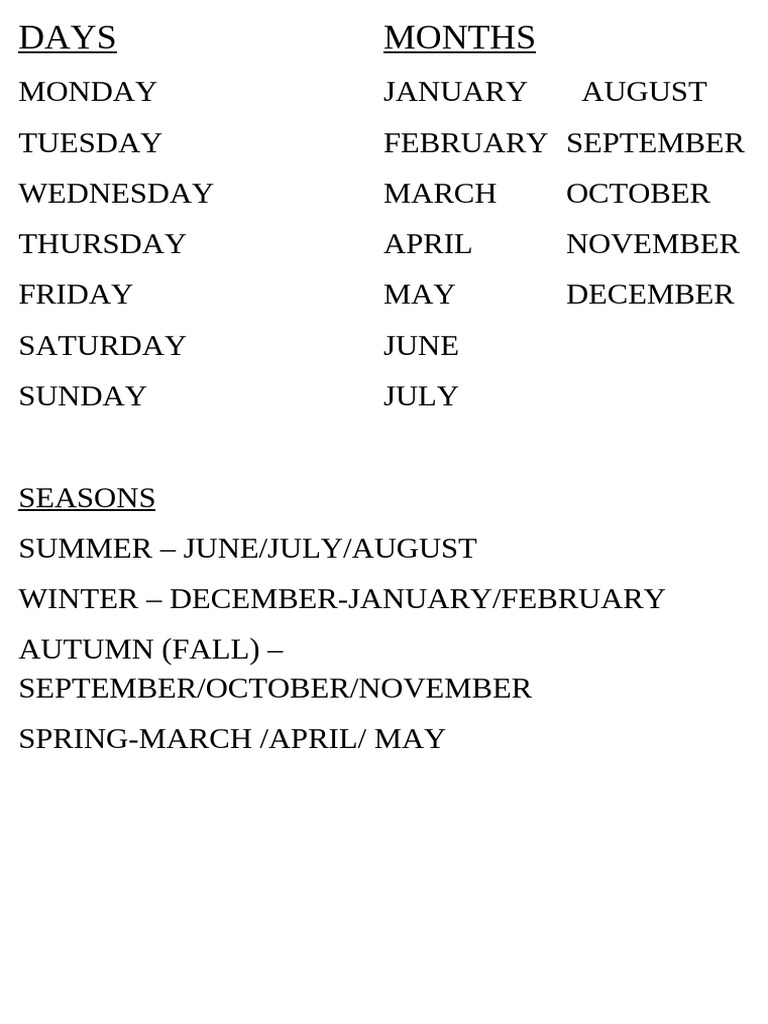 Days, Months, Seasons | PDF