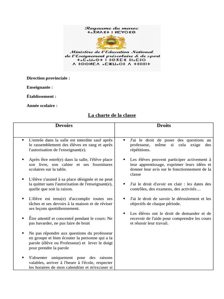 Charte de la Classe : Droits et Devoirs | PDF