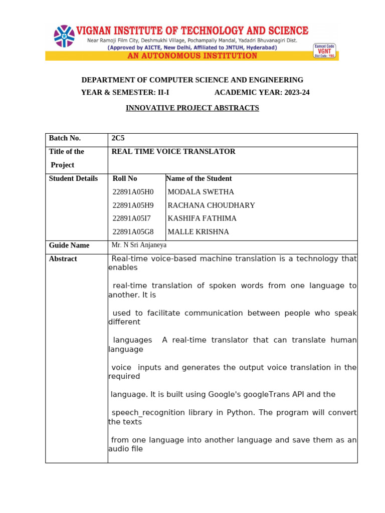 Real-Time Voice Translator Project | PDF