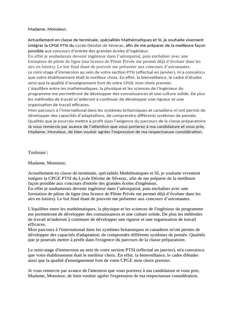 Candidature CPGE PTSI Aérospatial | PDF | Physique | Science