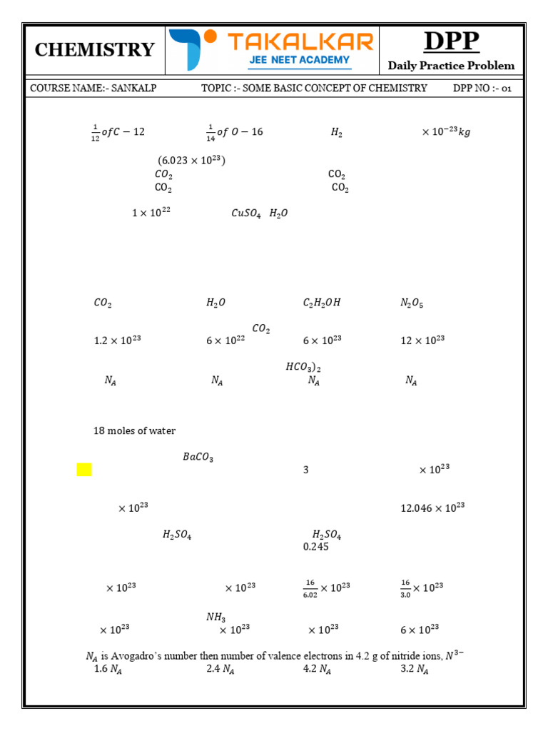 Some Basic Concept of Chemistry DPP - 1 | PDF | Mole (Unit) | Molecules