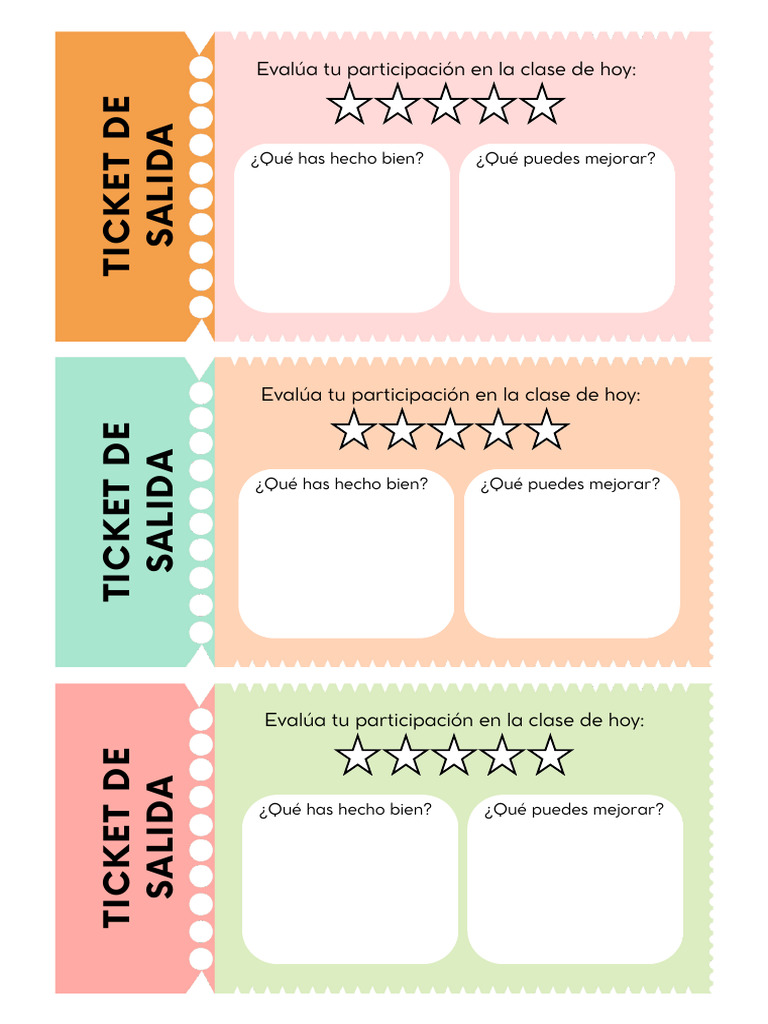 Ticket de Salida de Autoevaluación de Primaria Rosa Verde Naranja | PDF